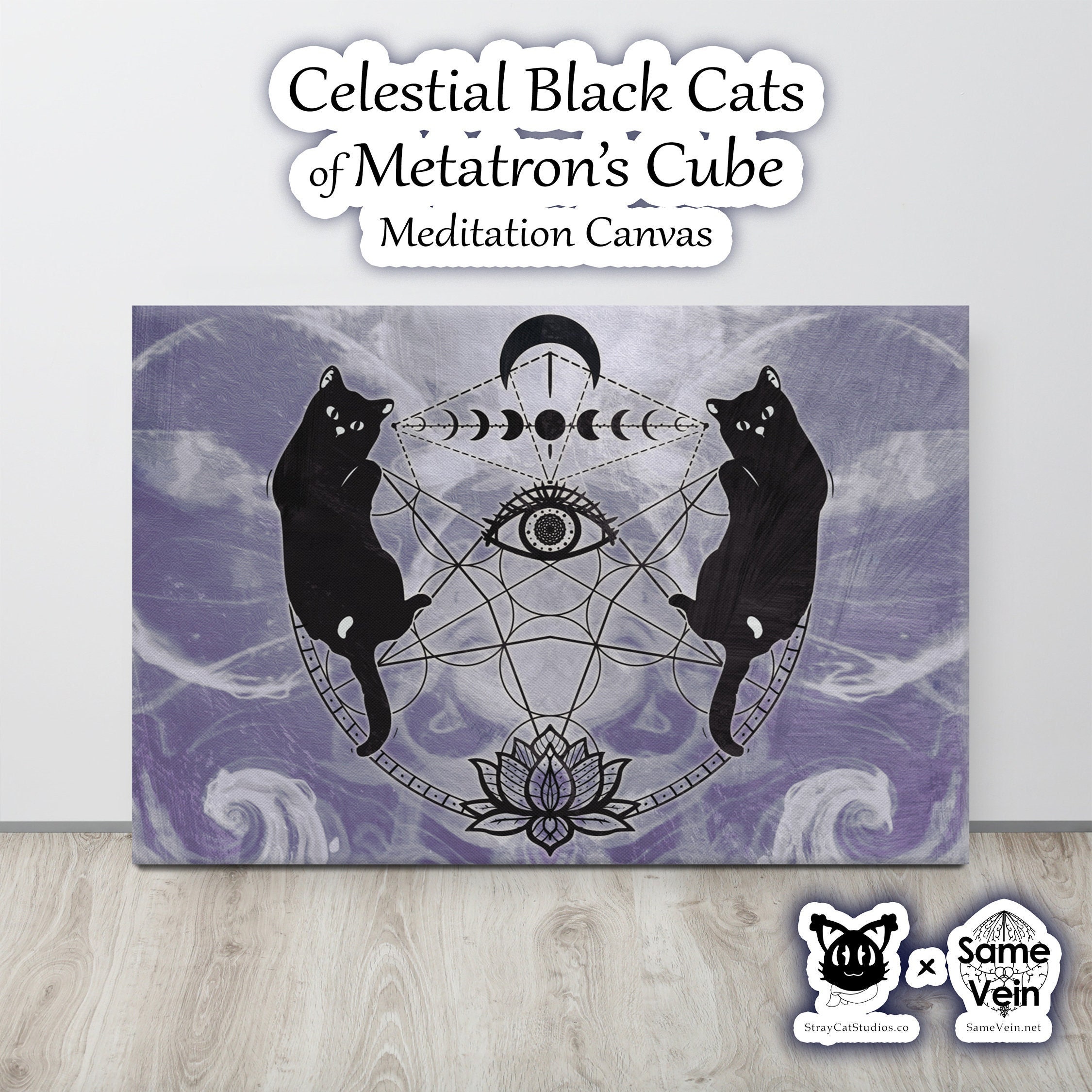 Celestial Black Cats of Metatron's Cube Meditation Canvas Zen Wall Art ...