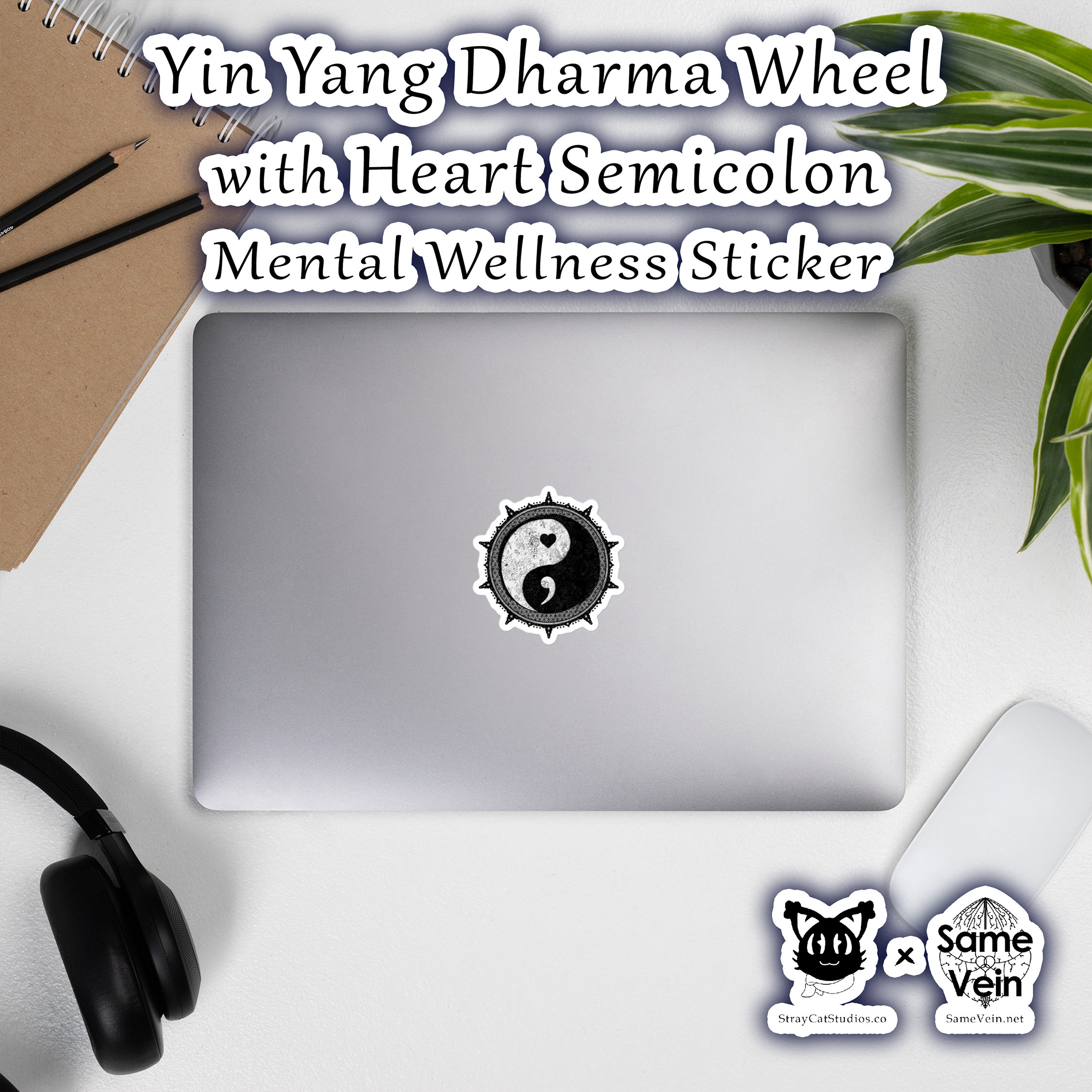 Yin Yang Dharma Wheel Heart Semicolon Mental Wellness Sticker Sacred ...