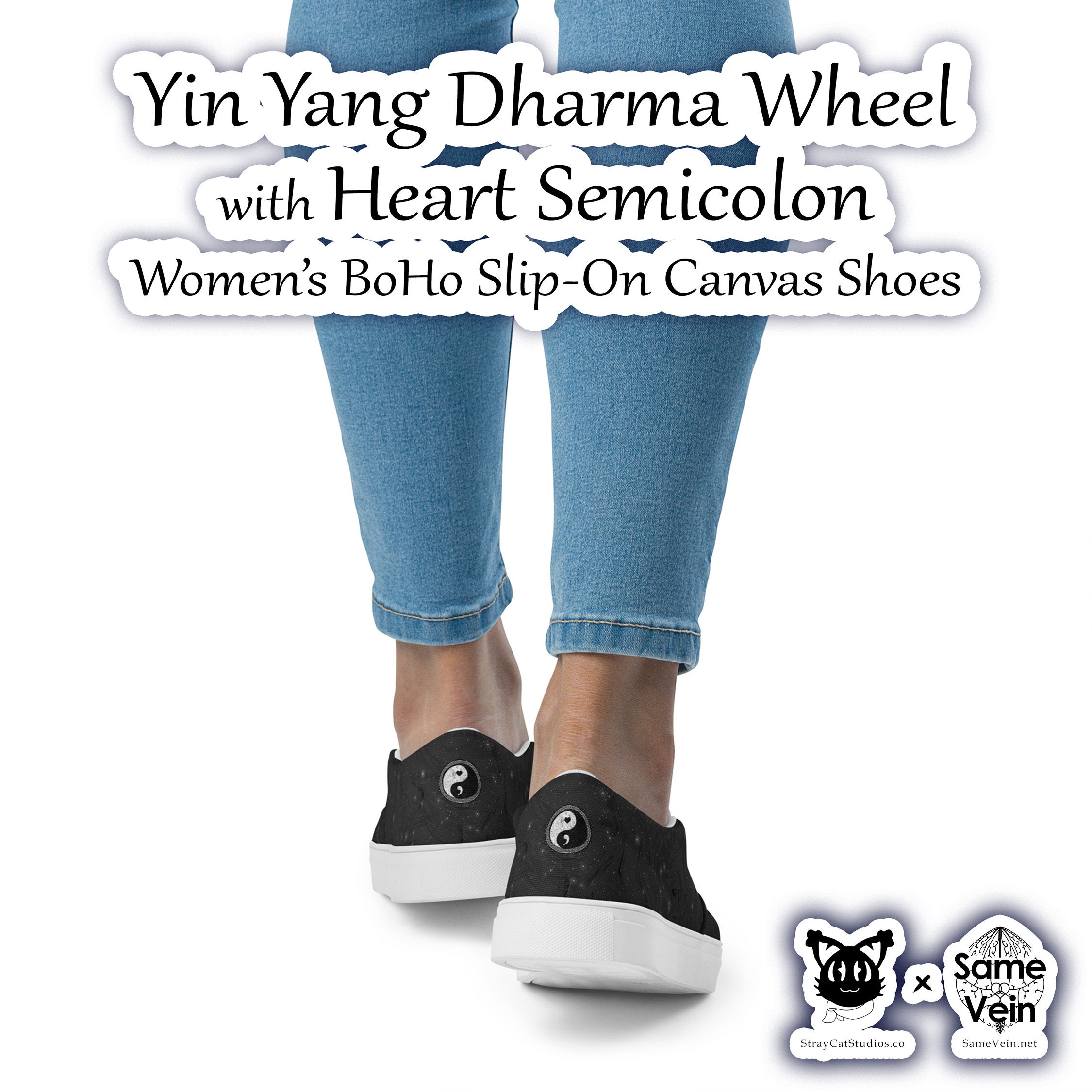 Yin Yang Dharma Wheel With Heart Semicolon Womens Boho Slip-on Canvas ...