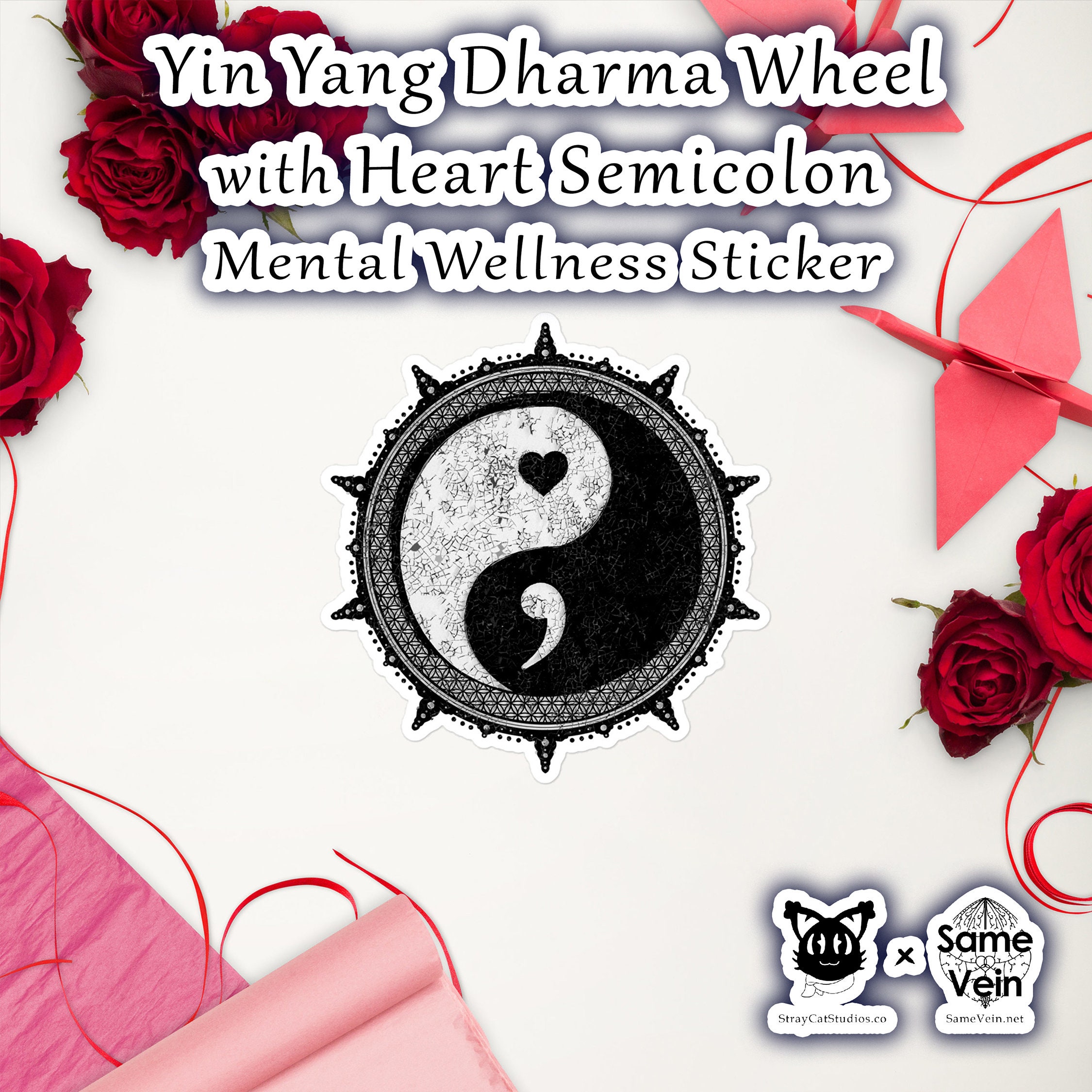Yin Yang Dharma Wheel Heart Semicolon Mental Wellness Sticker Sacred ...