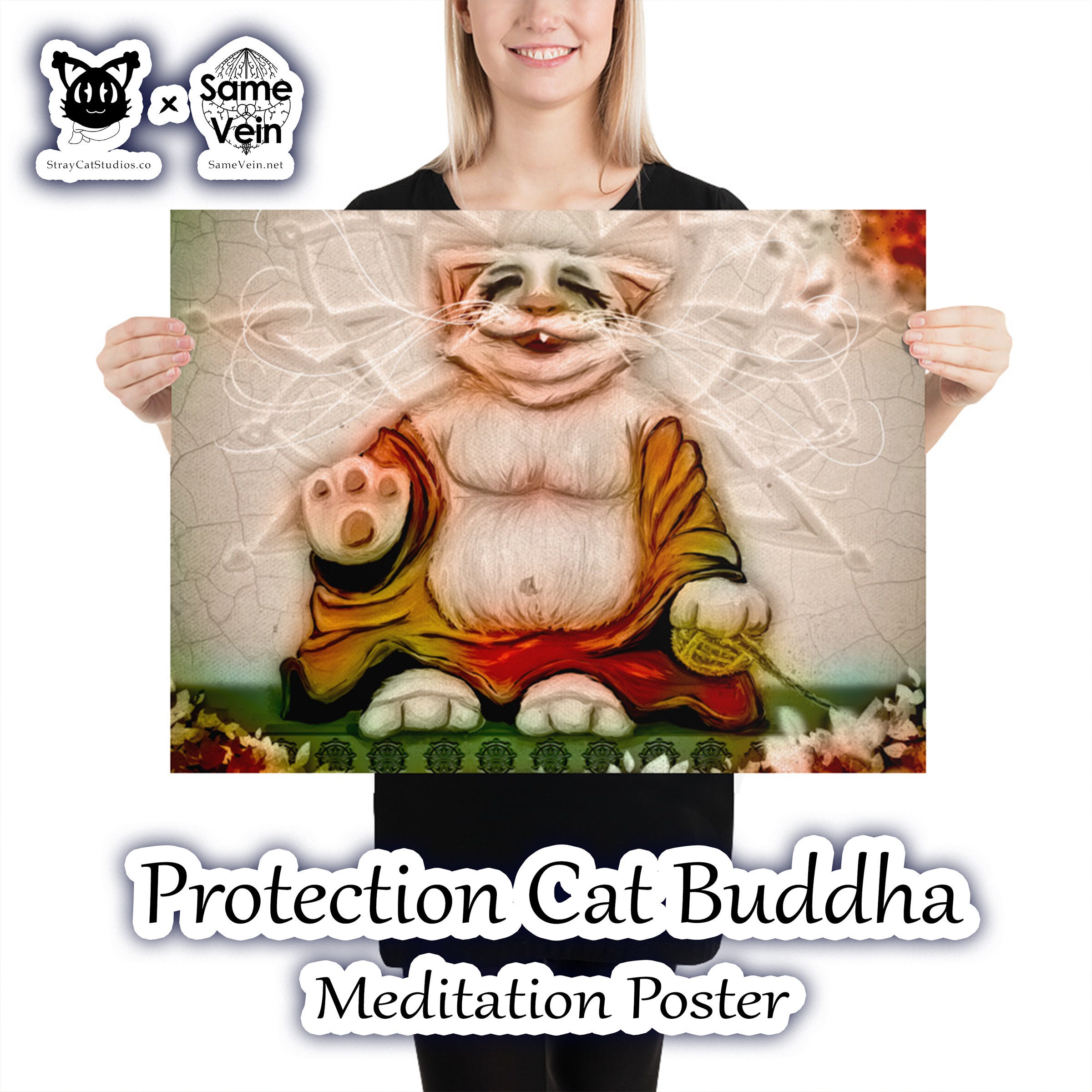 Protection Cat Buddha Meditation Poster Zen Wall Art Print Sacred ...