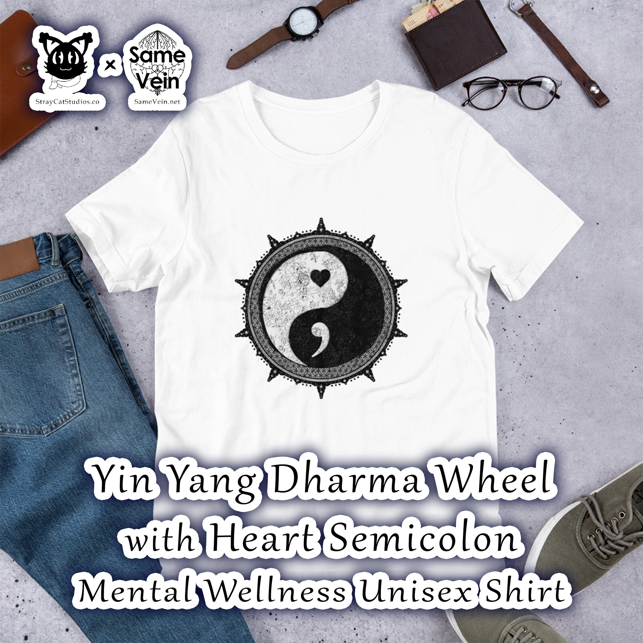 Yin Yang Dharma Wheel Heart Semicolon Mental Wellness Short-sleeve ...