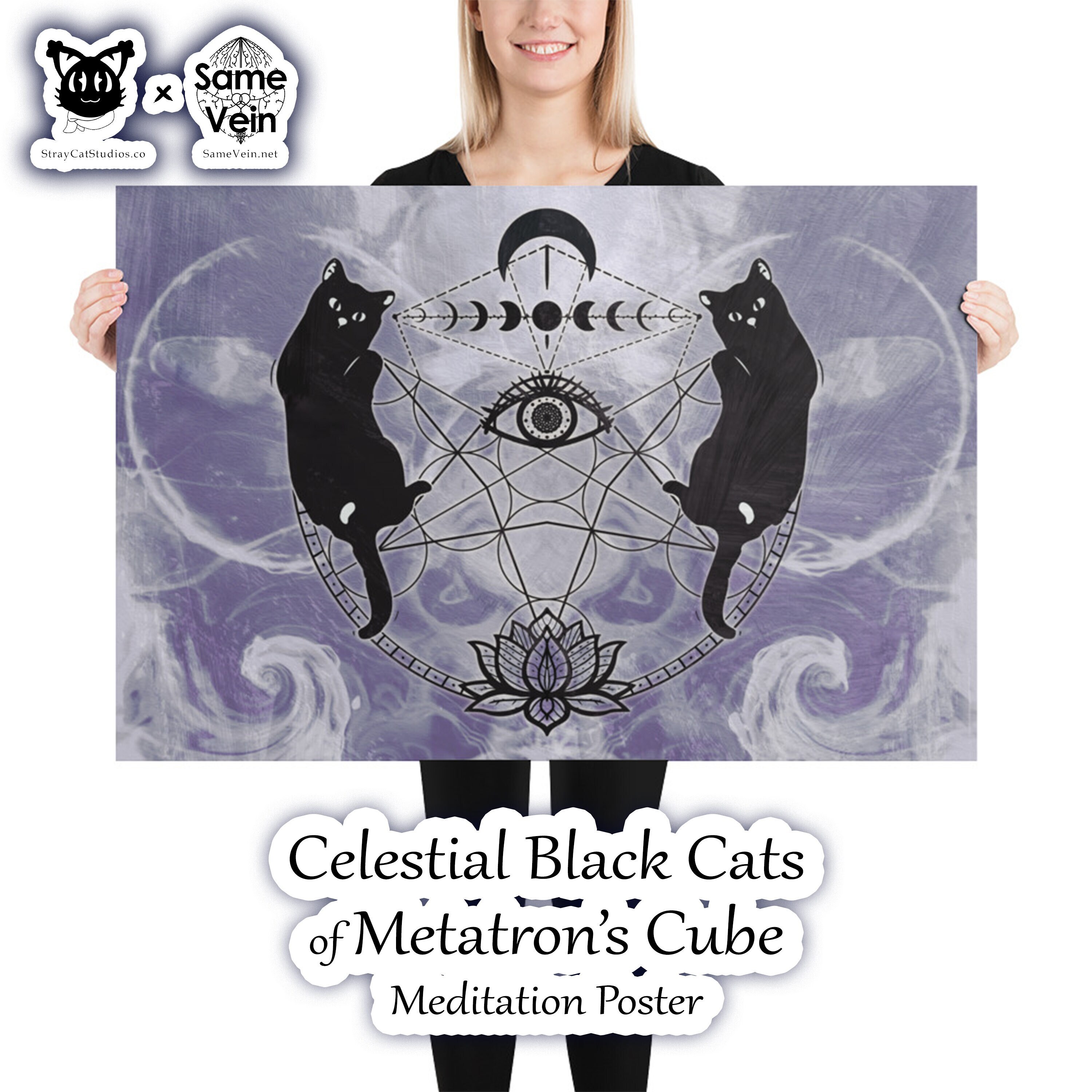 Celestial Black Cats of Metatron's Cube Meditation Poster Zen Wall Art ...