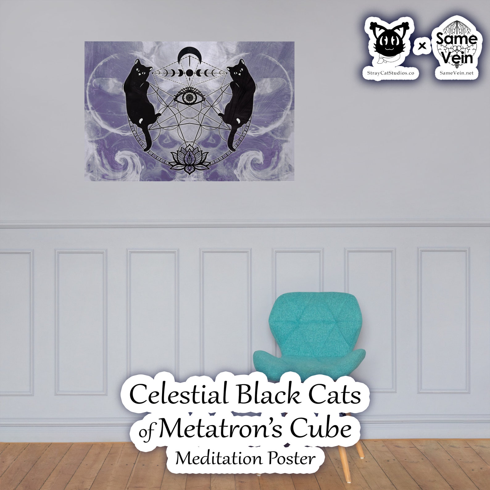 Celestial Black Cats of Metatron's Cube Meditation Poster Zen Wall Art ...