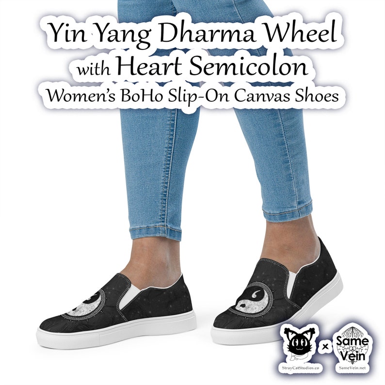 Yin Yang Dharma Wheel With Heart Semicolon Womens Boho Slip-on Canvas ...