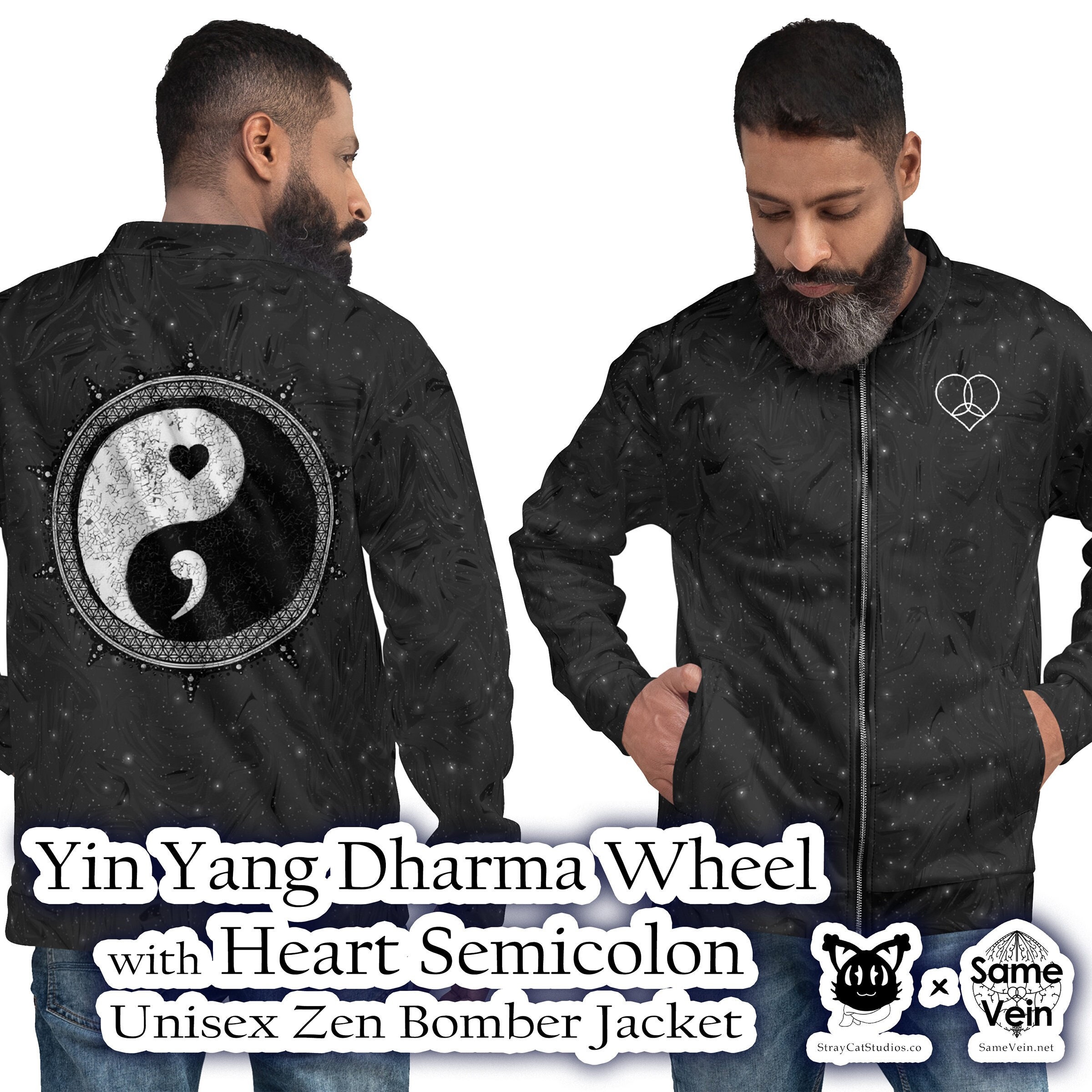 Yin Yang Dharma Wheel Heart Semicolon Unisex Zen Bomber Jacket Boho ...