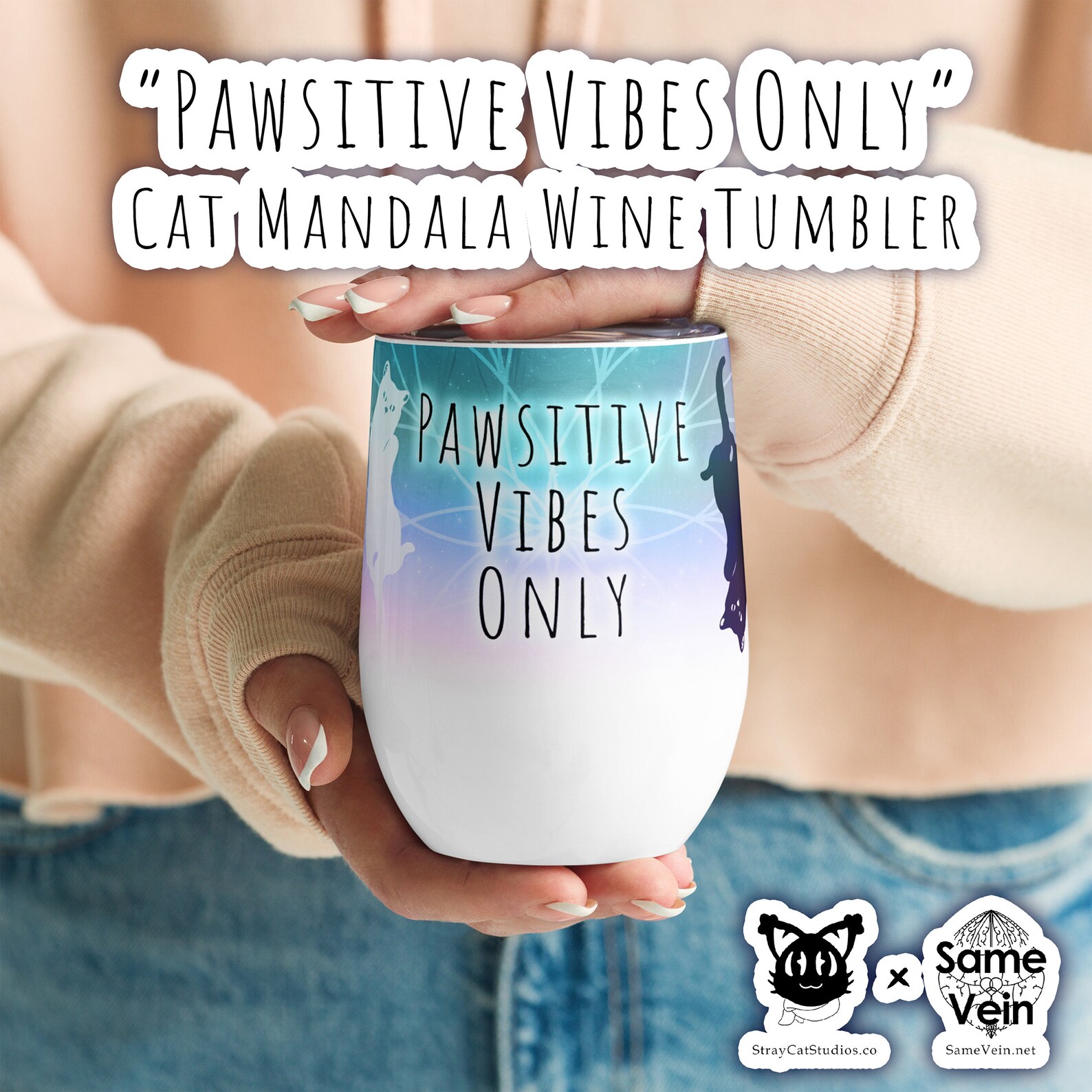 Pawsitive Vibes Only Cat Mandala Wine Tumbler 12oz Stemless Stainless ...
