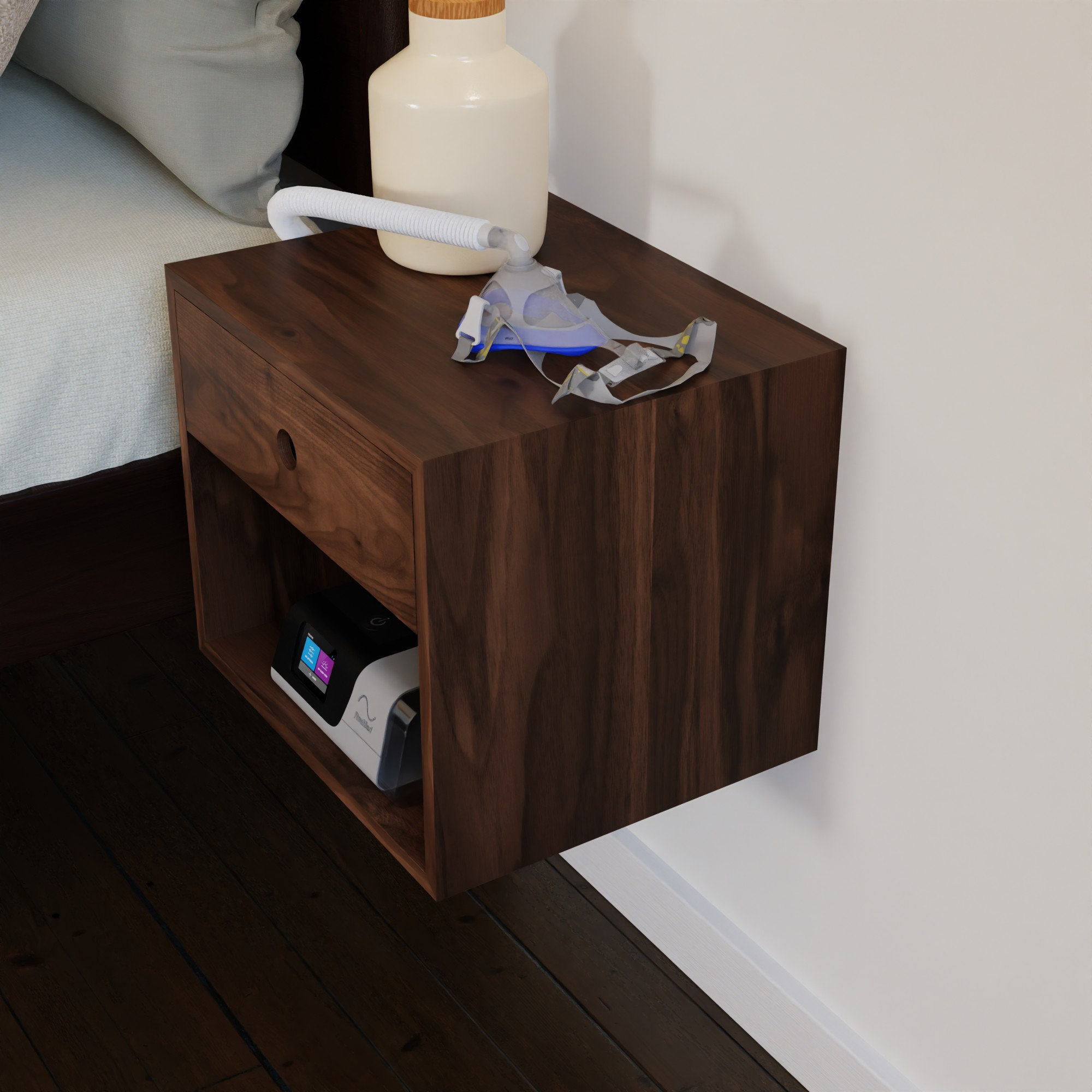 CPAP Floating Nightstand in Solid Walnut, Bedside Table With Drawer - Etsy