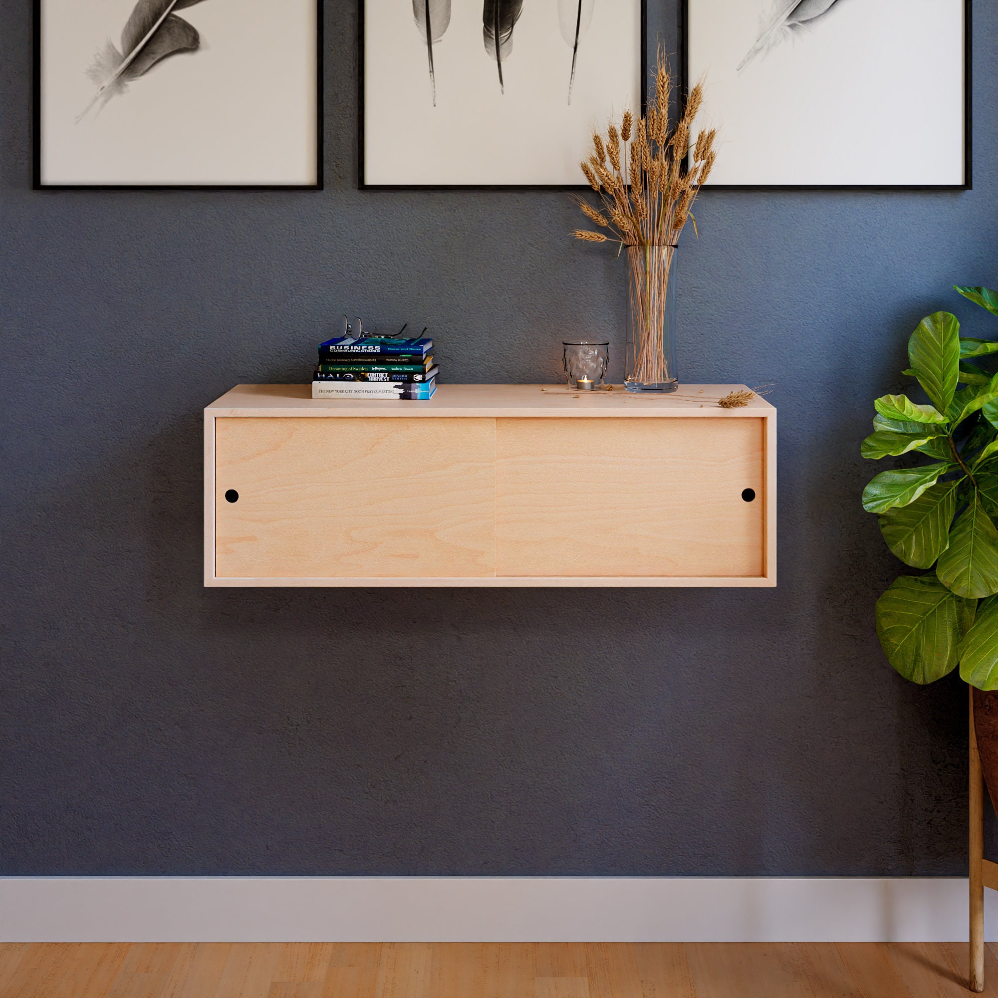 Floating Storage Cabinet With Sliding Doors Built in Solid - Etsy Canada