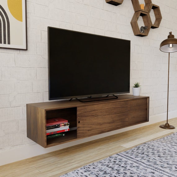 Solid Walnut XL Floating Media Console Table With Sliding Doors TV Stand Etsy