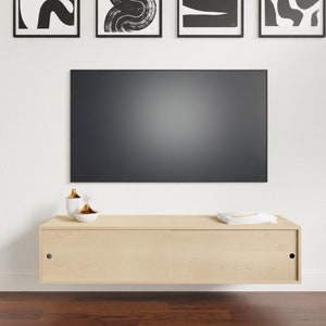 Solid Maple Floating Media Console Table With Sliding Doors, TV Stand ...