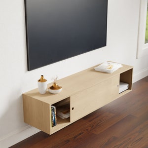 Solid Maple Floating Media Console Table With Sliding Doors, TV Stand ...