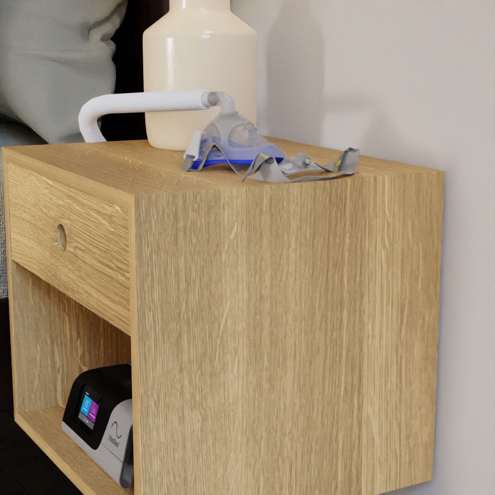 CPAP Floating Nightstand in Solid White Oak, Bedside Table With Drawer ...