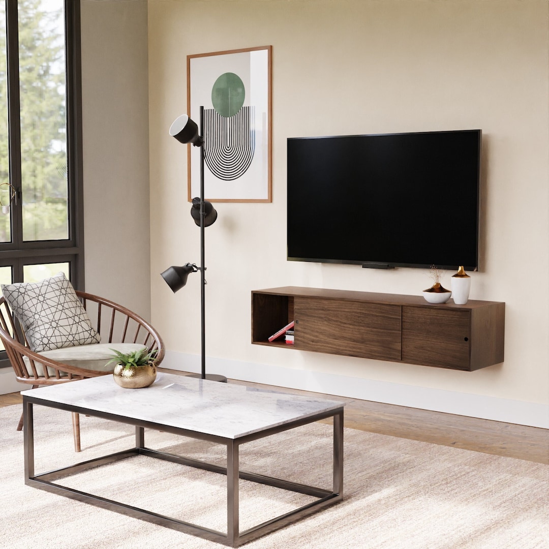 Solid Walnut XL Floating Media Console Table With Sliding Doors, TV ...