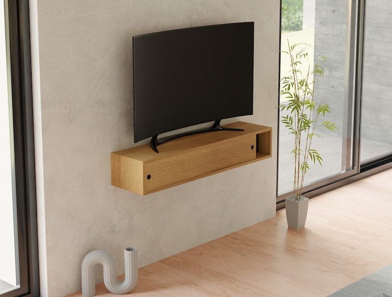 Floating Media Console TV Stand With Sliding Doors in Solid White Oak ...