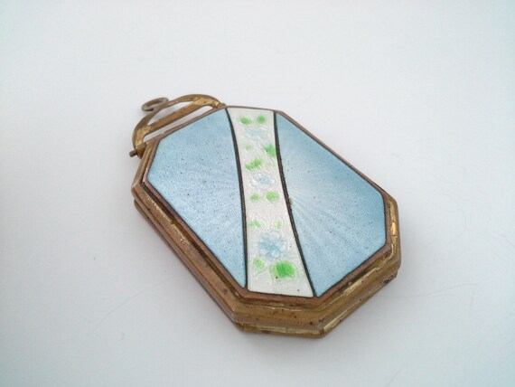 Antique Blue Guilloche Locket, Brass and Enamel Forge… - Gem Antique Blue Guilloche Locket, Brass and Enamel Forge… - Gem