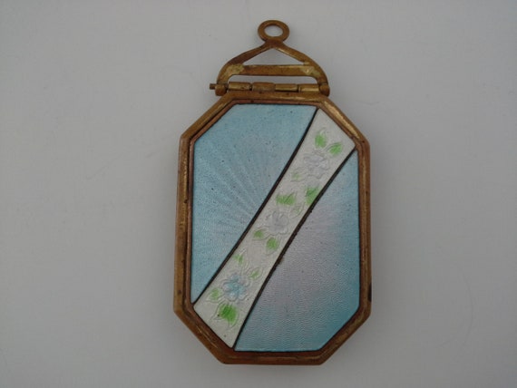 Antique Blue Guilloche Locket, Brass and Enamel Forge… - Gem Antique Blue Guilloche Locket, Brass and Enamel Forge… - Gem