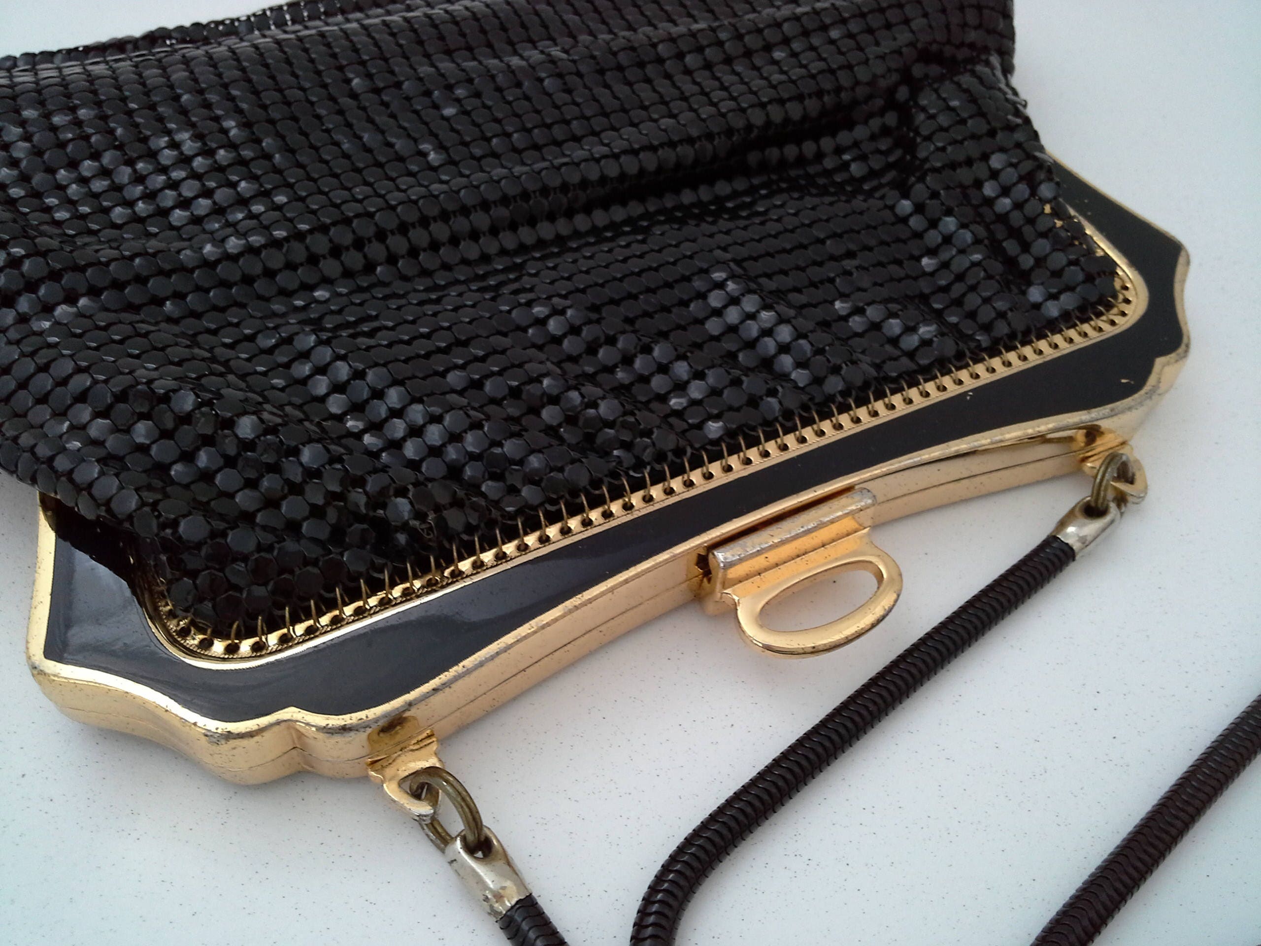Vintage Black Metal Mesh Purse, Glomesh Miriam Bag, Enamel Frame Gold ...