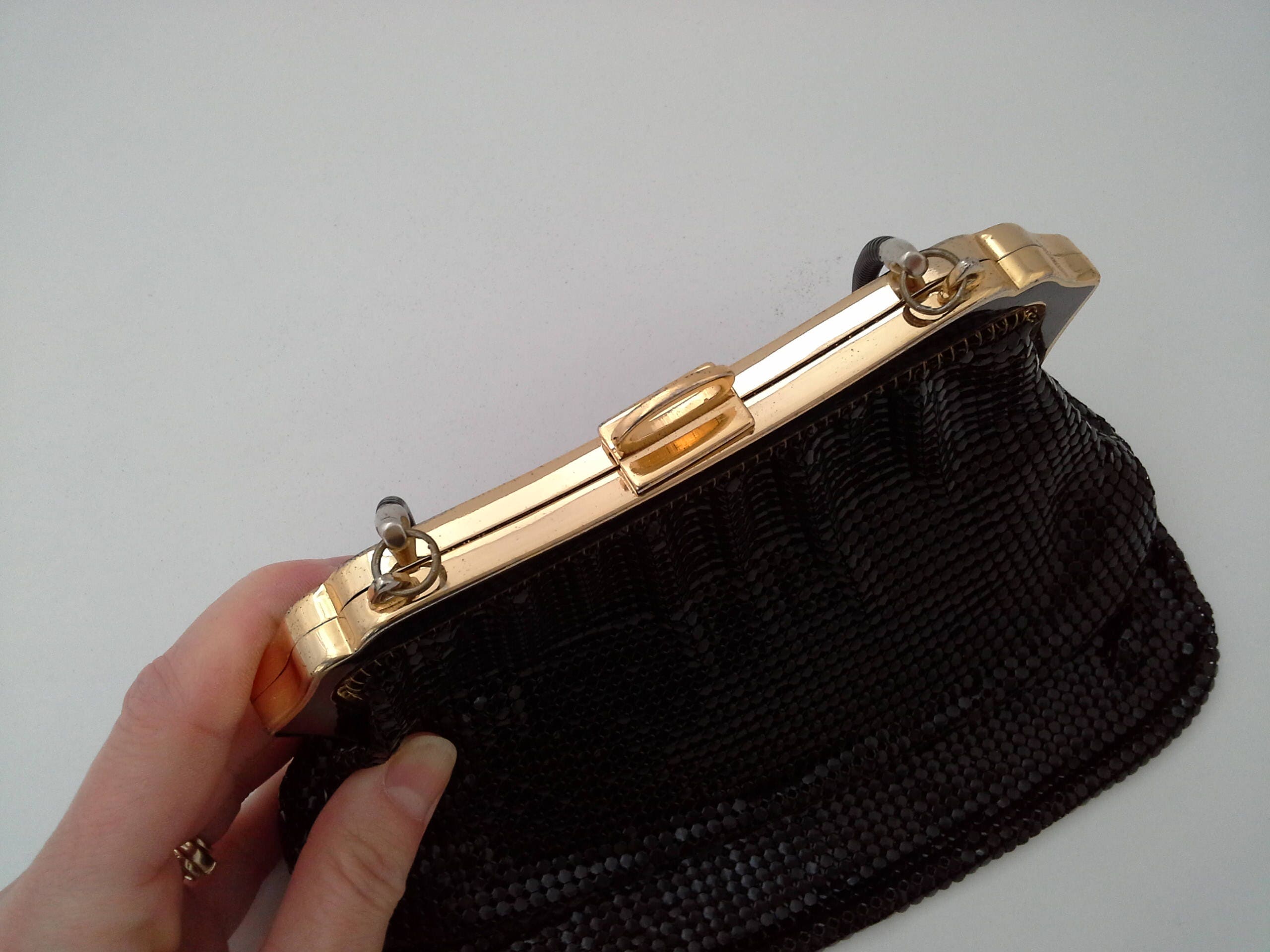 Vintage Black Metal Mesh Purse, Glomesh Miriam Bag, Enamel Frame Gold ...