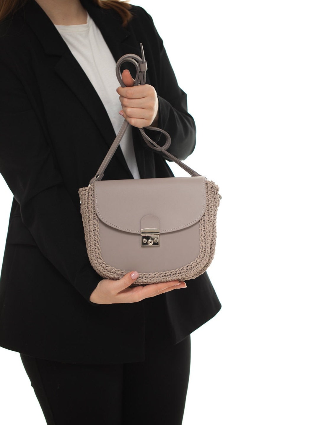 Crochet Crossbody Bag With Leather Inserts and Shoulder Strap ...