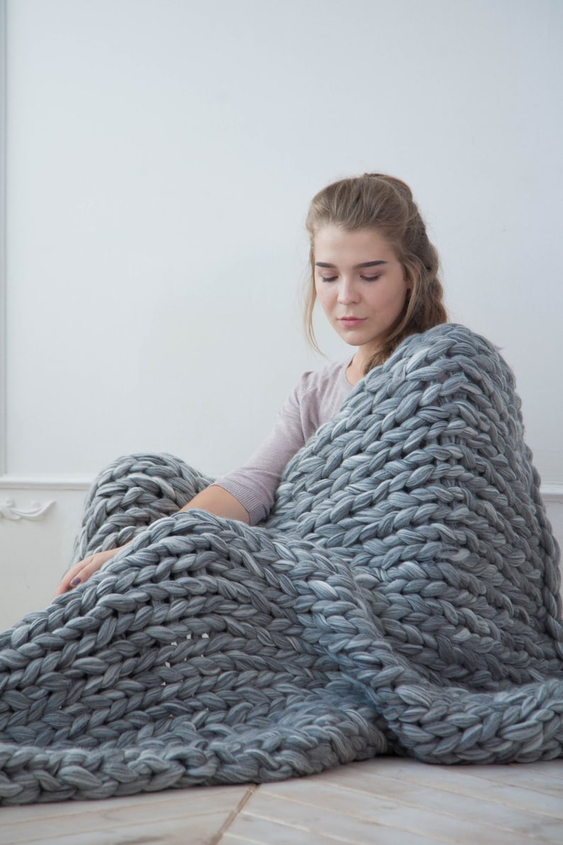 Chunky Knit Throw 100% Wool Bulky Blanket Gift for Her - Etsy