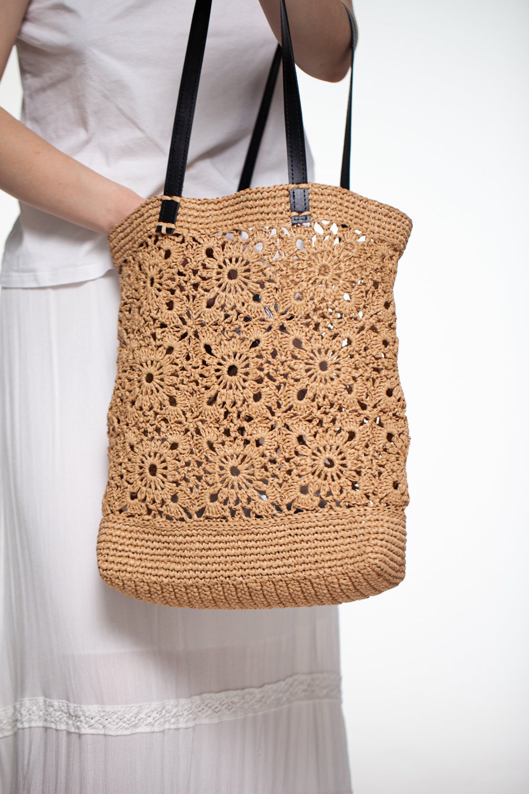 Crochet Granny Squares Raffia Tote Bag With Leather Straps, Organic ...