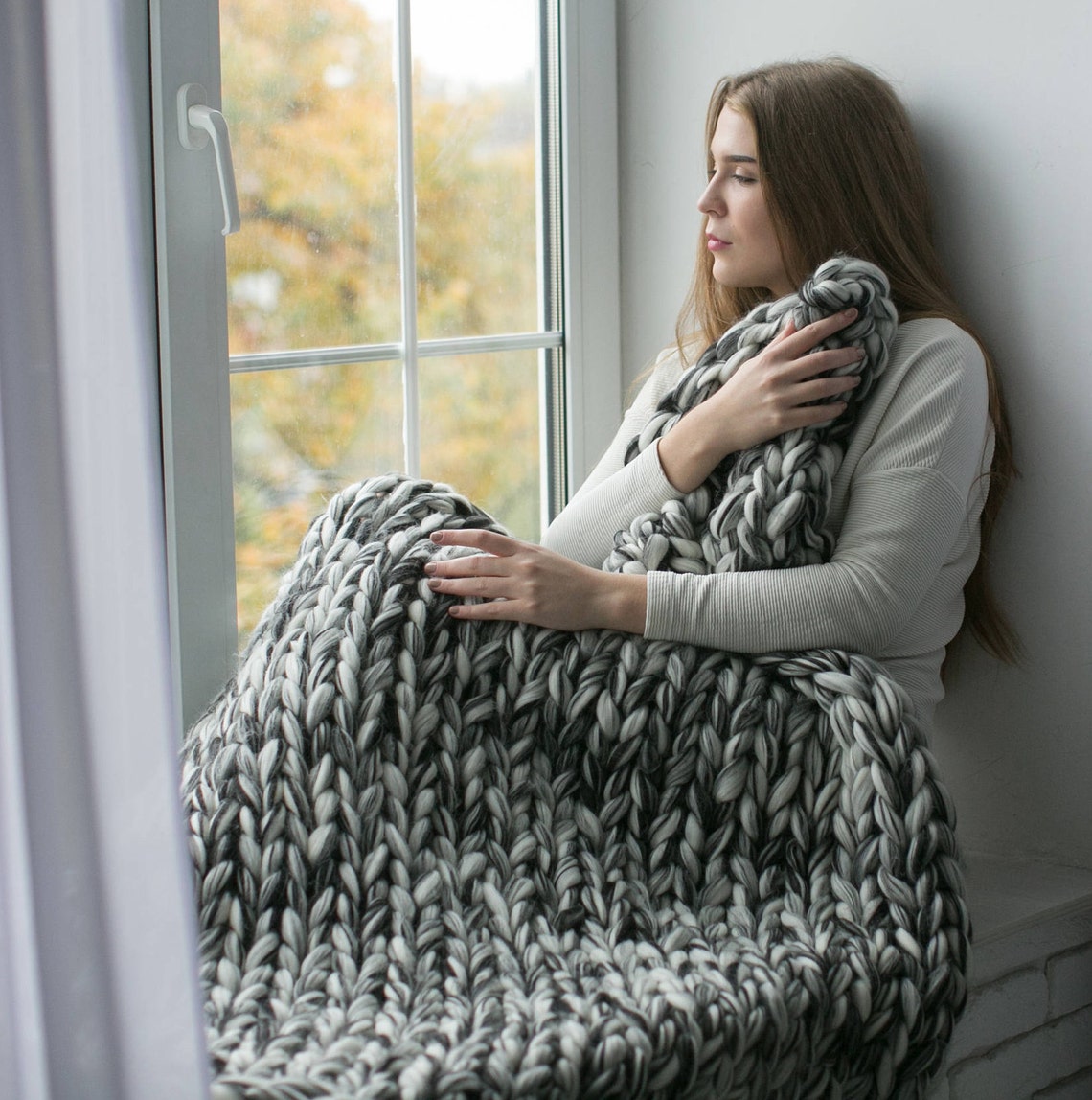 Chunky Knit Throw Blanket Chunky Blanket Gift for Her Giant Afghan Wool ...