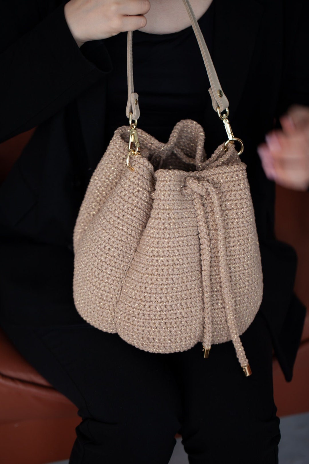 Crochet Handmade Bag With Leather Bottom and Shoulder Strap, Handknit ...