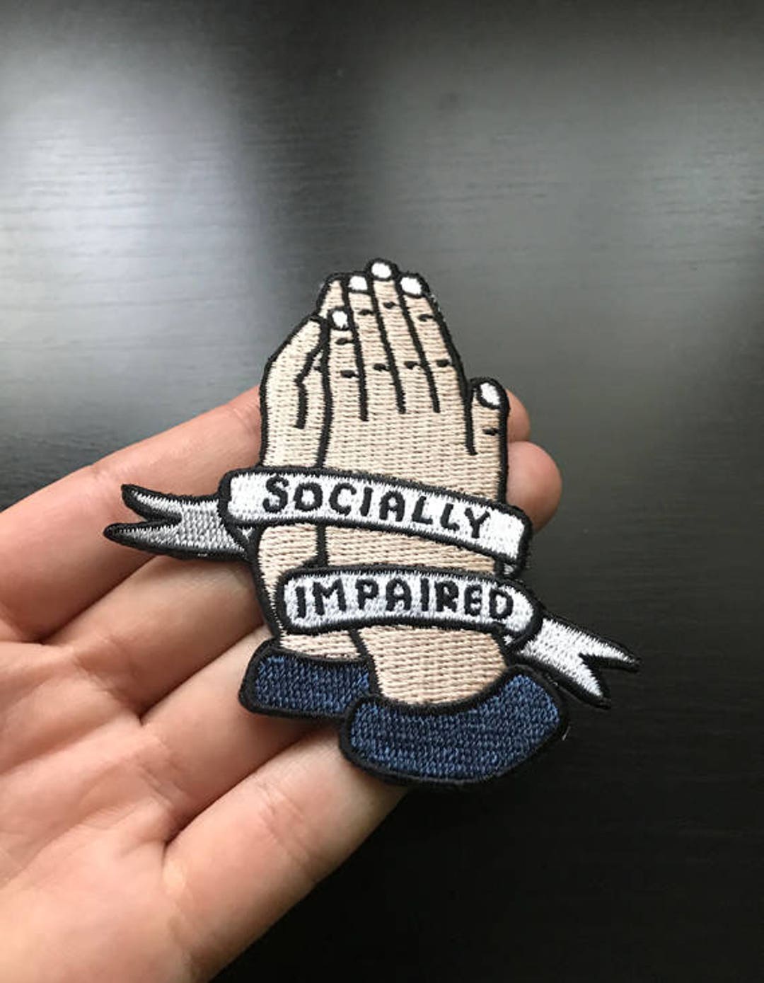 Socially Impaired Prayer Hands // Iron on Patch // 3 Embroidered Patch ...