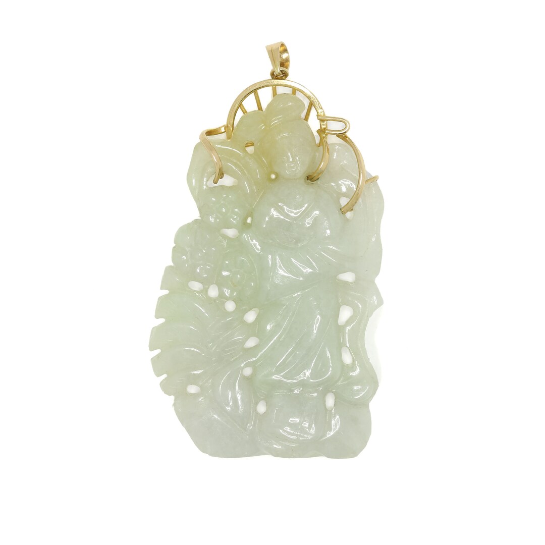 GIA Certified TRULY Natural Jadeite Jade Guanyin Pendant: 14kt Gold ...