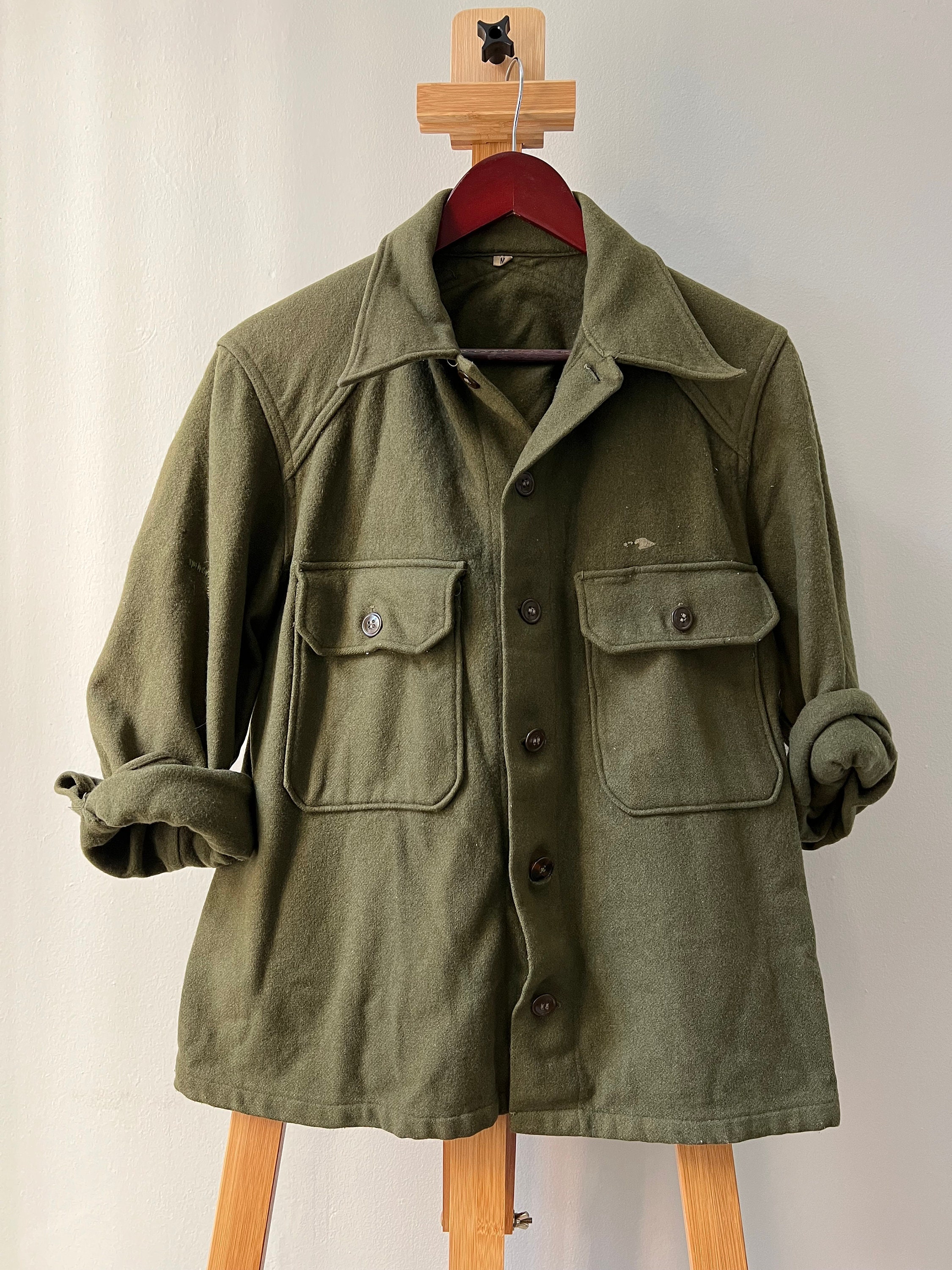 Vintage French Military Field Jacket Soft Well Worn Green Wool With Old ...