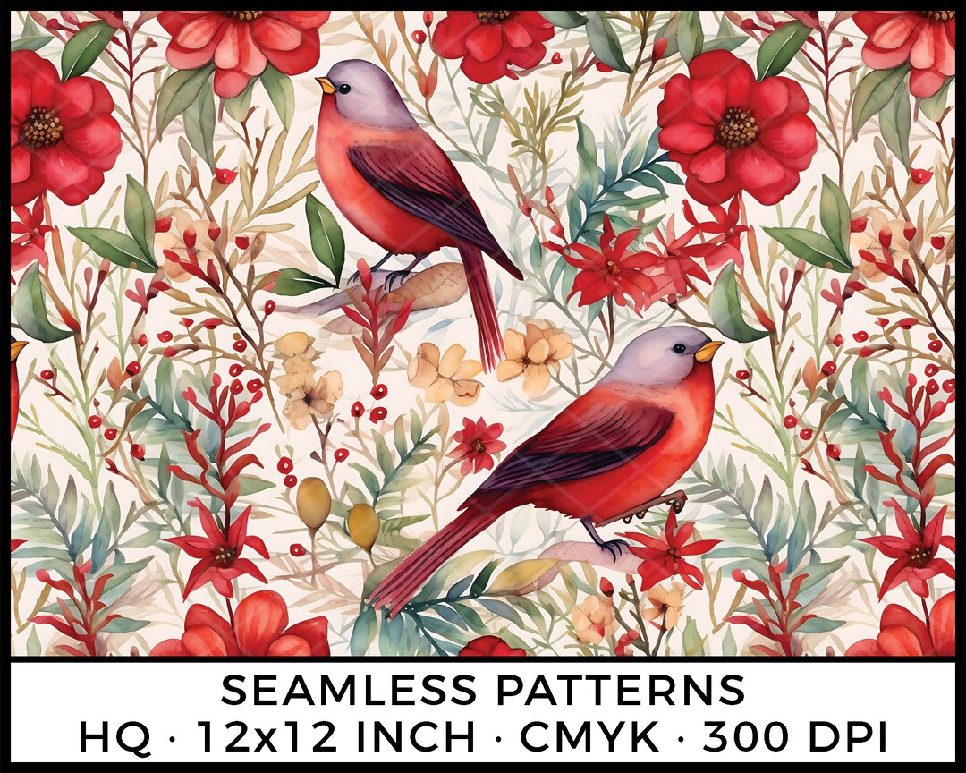 Christmas Bird Seamless Pattern | Red Bird Digital Paper | Commercial ...