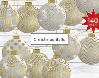 White and Gold Christmas Ornaments Clipart Digital Glitter - Etsy