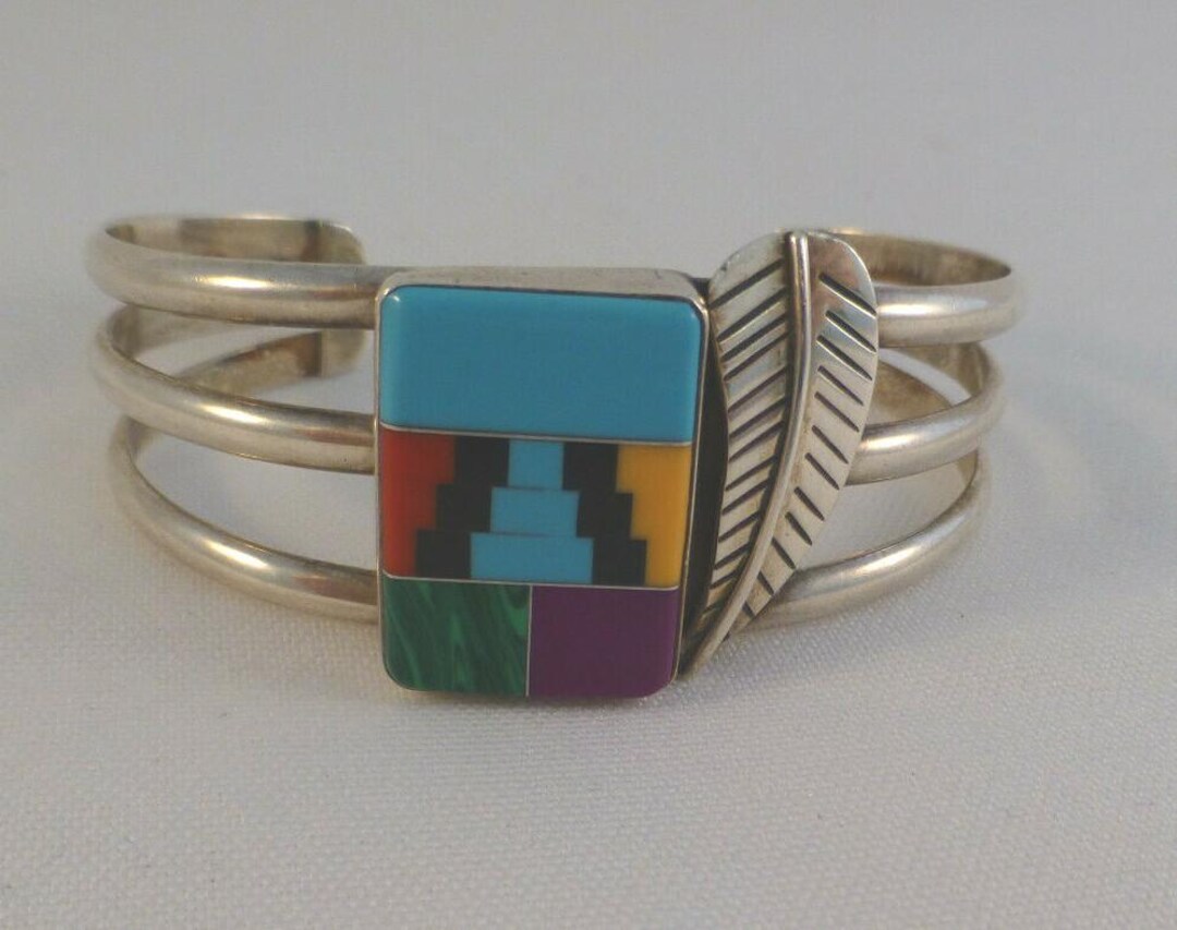 Navajo? Native American Mosaic Multi Stone Inlay Sterling Cuff Bracelet ...