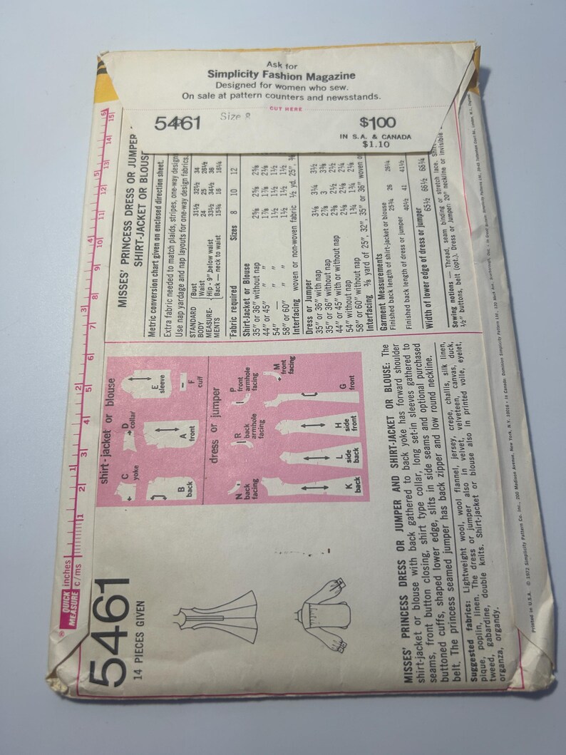 Vintage Simplicity Sewing Pattern 5461 Size 8 Bust 31 1/2 Misses Dress ...