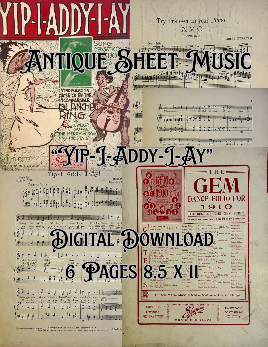 Ephemera Antique Sheet Music "yip-i-addy-i-ay" Early 1900s 8.5" X 11 ...