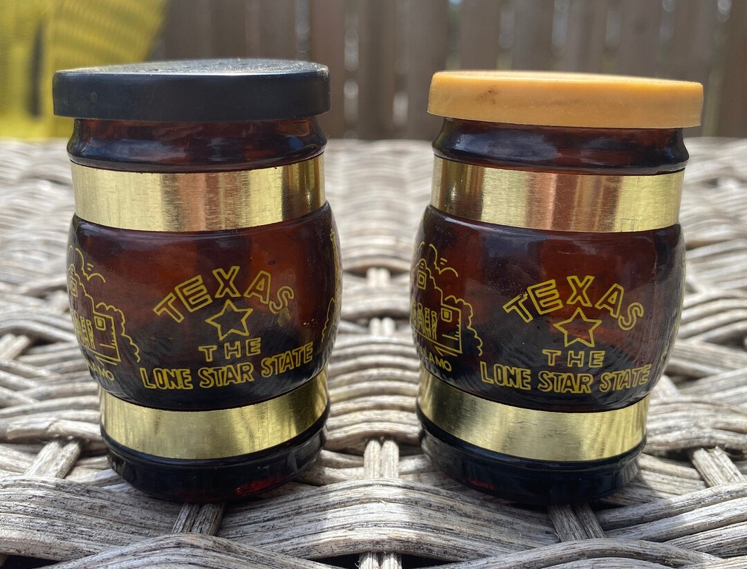 Vintage Siesta Ware Brown Glass Wooden Mini Mugs Souvenir Texas Salt ...