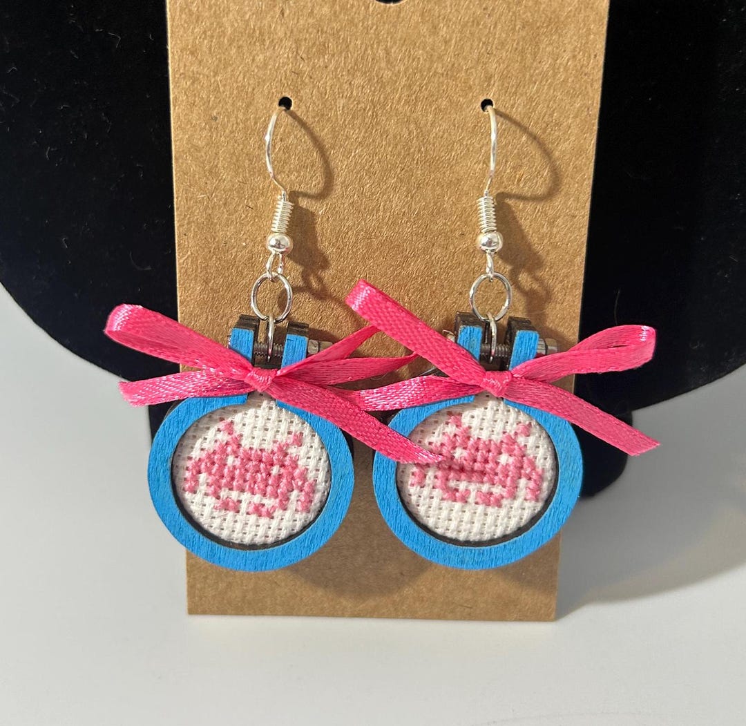Cross Stitch Pink Invader Pink Ribbon Blue Mini Wood Hoop Earrings - Etsy