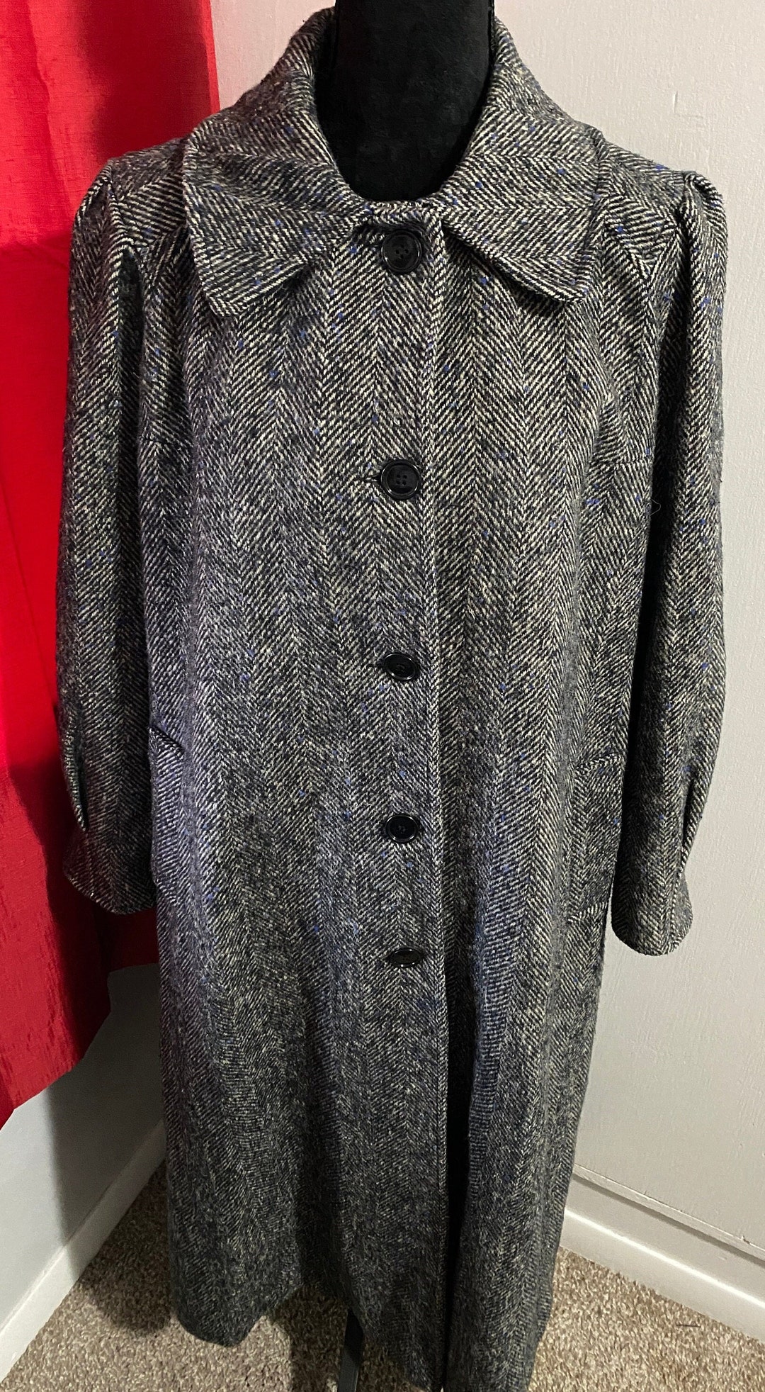 Vintage Lady Suzette Black, Blue, Gray Wool Chevron Button up Coat ...
