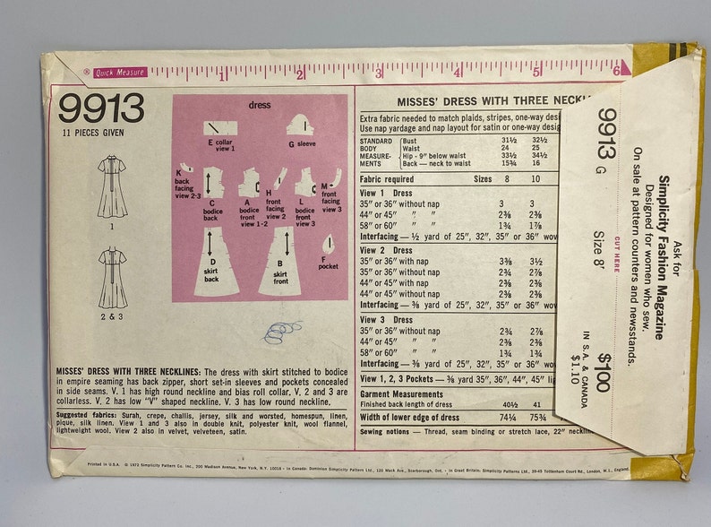 Vintage Simplicity Sewing Pattern 9913 Size 8 Bust 31 1/2 - Etsy