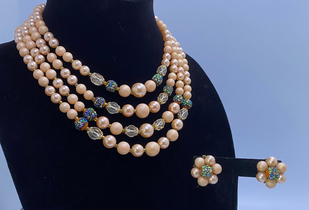 Vintage Peach Plastic Bead With Multi-colored Accent Beads 4 String ...