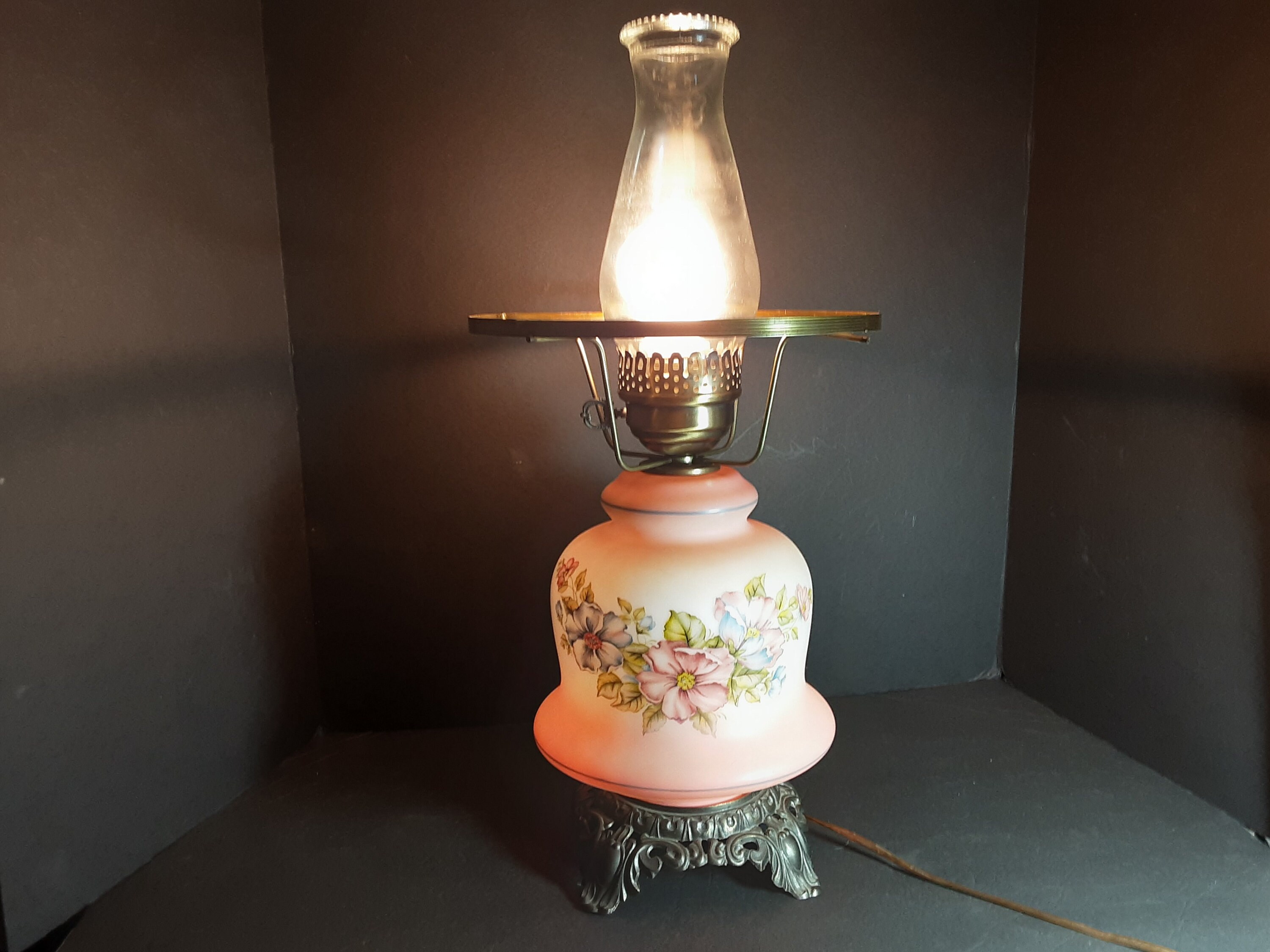 Pink Floral Lamp With Brass Detailing, Falkenstein Base and Antique ...