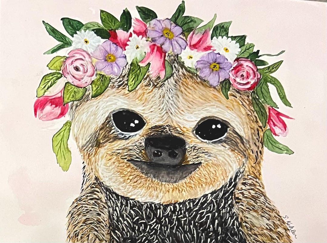 Sloth Watercolor Painting With Flowers on His Head - Etsy