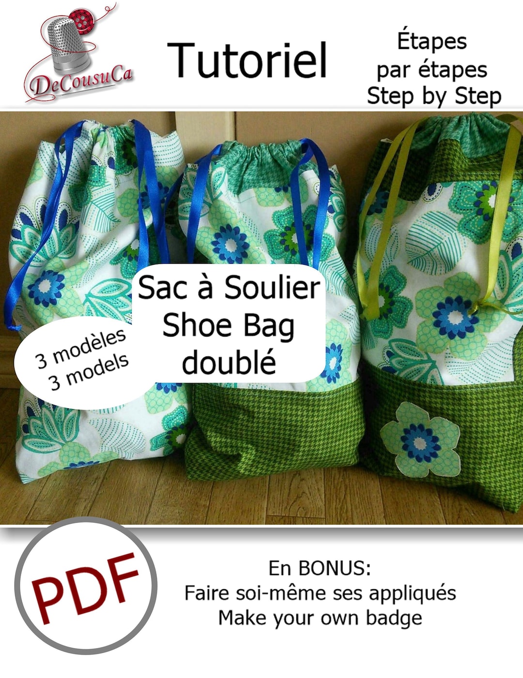 PDF, Tutorial, Shoe Bag, 3 Models, Inch, Cm, Bonus: Badges, Explained ...
