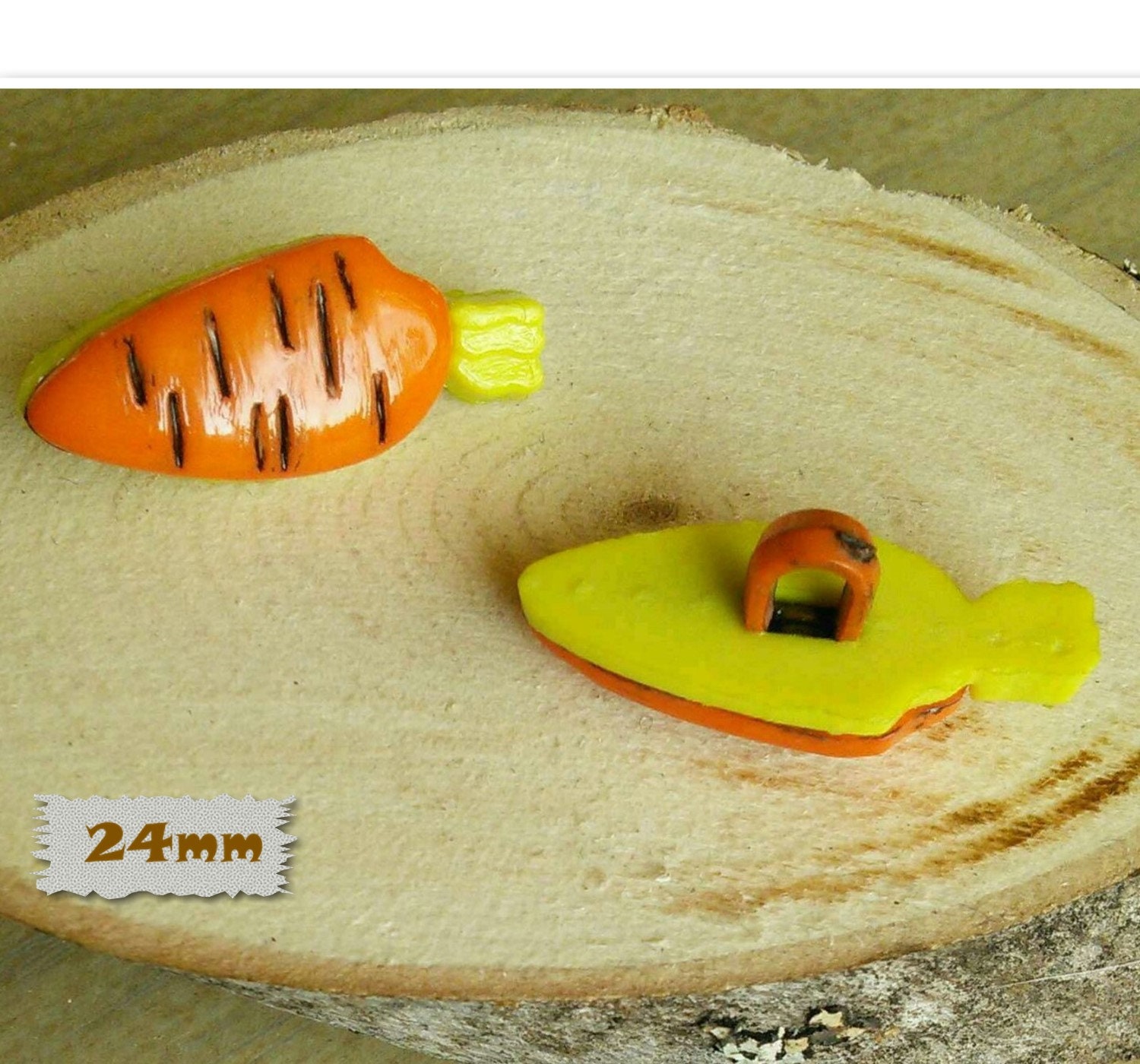 2, Buttons, 24mm X 10mm, Carrot, Rod, Plastic, Vintage, 1980, GR04
