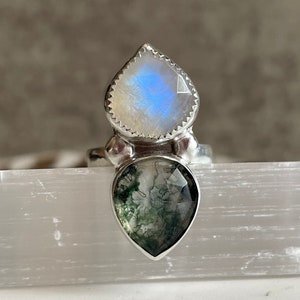 Natural Moonstone Moss Agate Doublet Ring 925 Sterling Silver Crescent ...