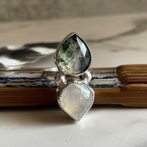 Natural Moonstone Moss Agate Doublet Ring 925 Sterling Silver Crescent ...
