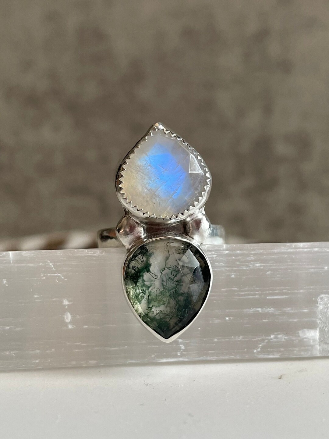 Natural Moonstone Moss Agate Doublet Ring 925 Sterling Silver Crescent ...
