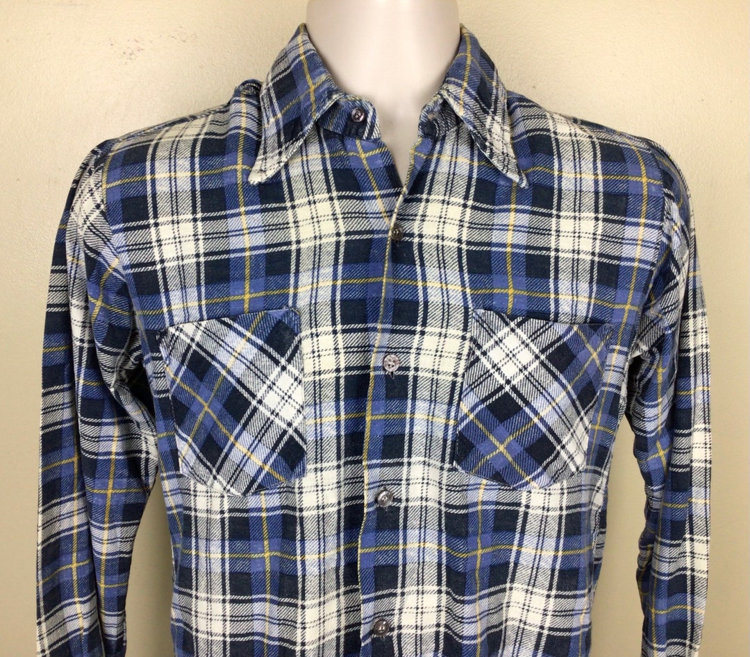 Vtg 70s 80s Montgomery Ward Plaid Flannel Shirt Blue S 100% Cotton Long ...