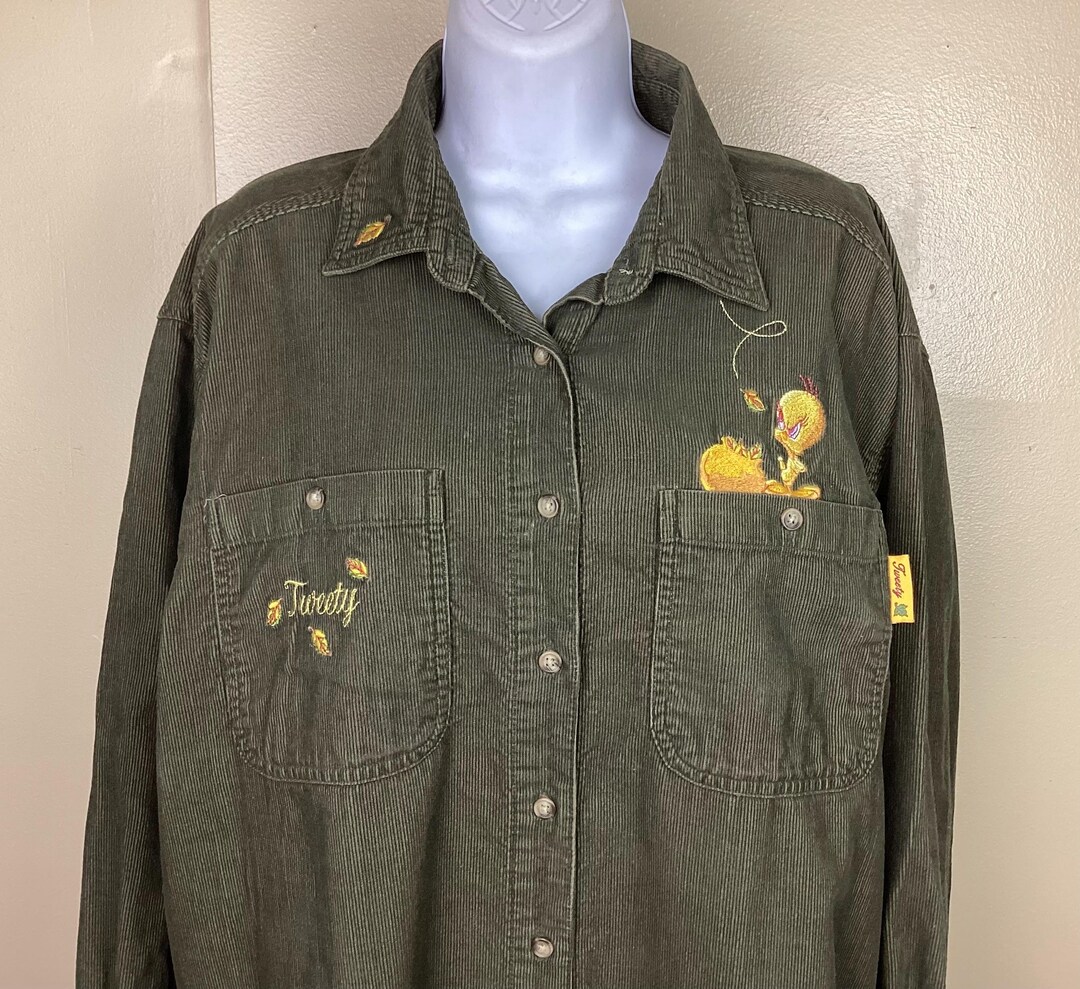 Vtg 2001 Looney Tunes Tweety Bird Embroidered Corduroy Shirt Green L ...